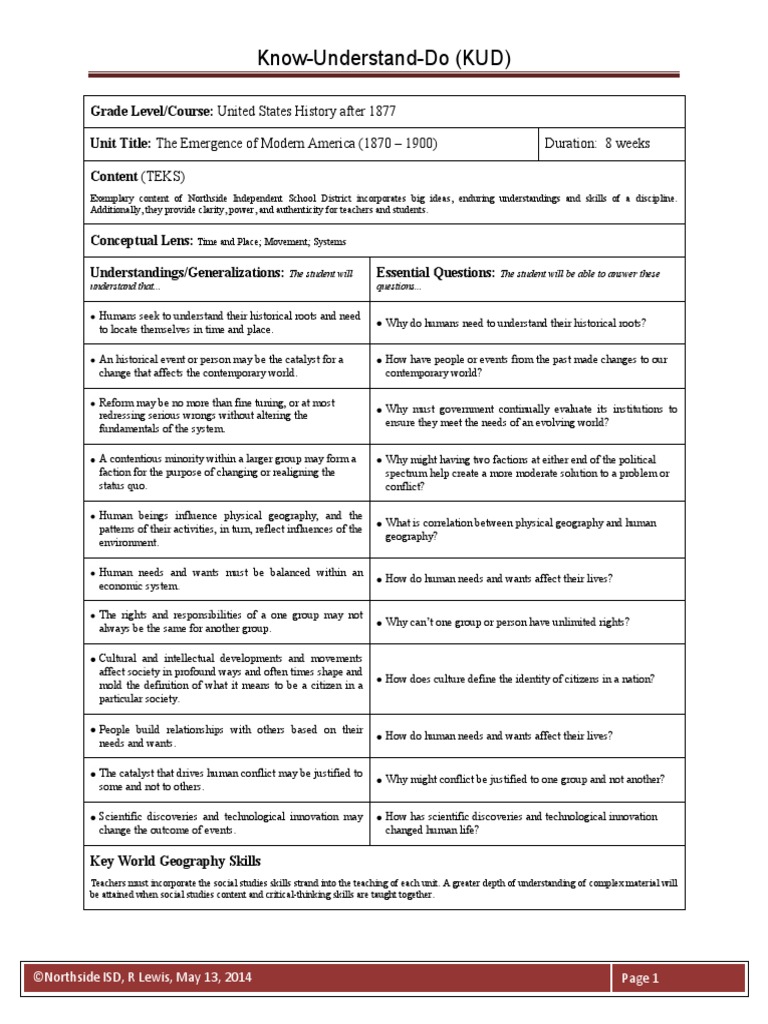 Kud Us History Unit 2 The Emergence of Modern America Revised May 2014 ...