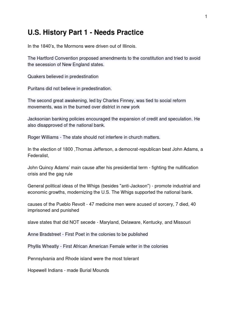 U.S. History I Study Guide Overview | PDF | History Of The United ...