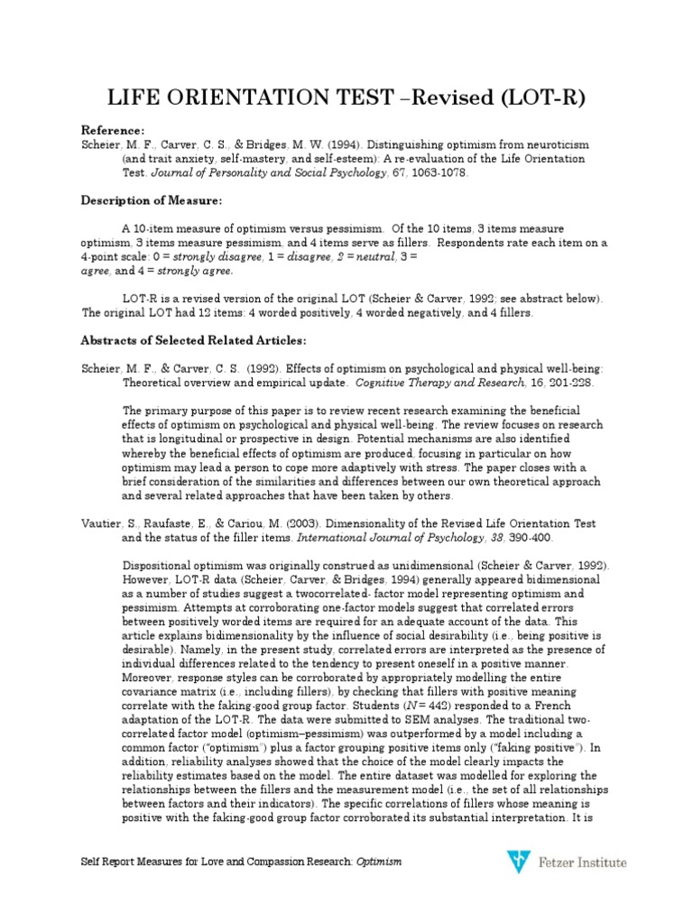 Life Orientation Test | PDF | Optimism | Psychology