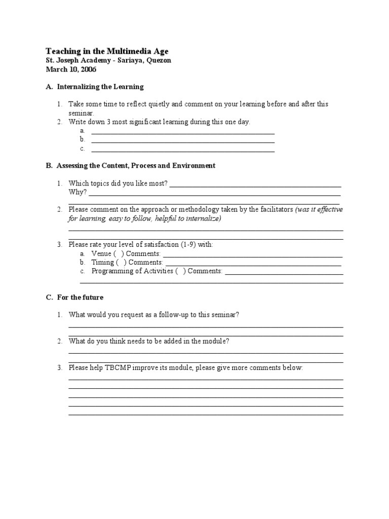 Evaluation Questionnaire | PDF | Facilitator | Learning