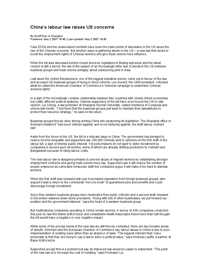 China Emp Laws FT Rticle (1) HRM | PDF | China | World Politics