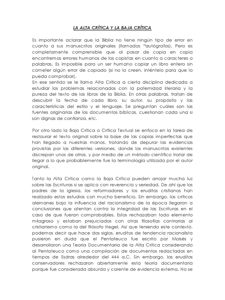 La importancia de distinguir entre la Alta Crítica y la Baja Crítica ...