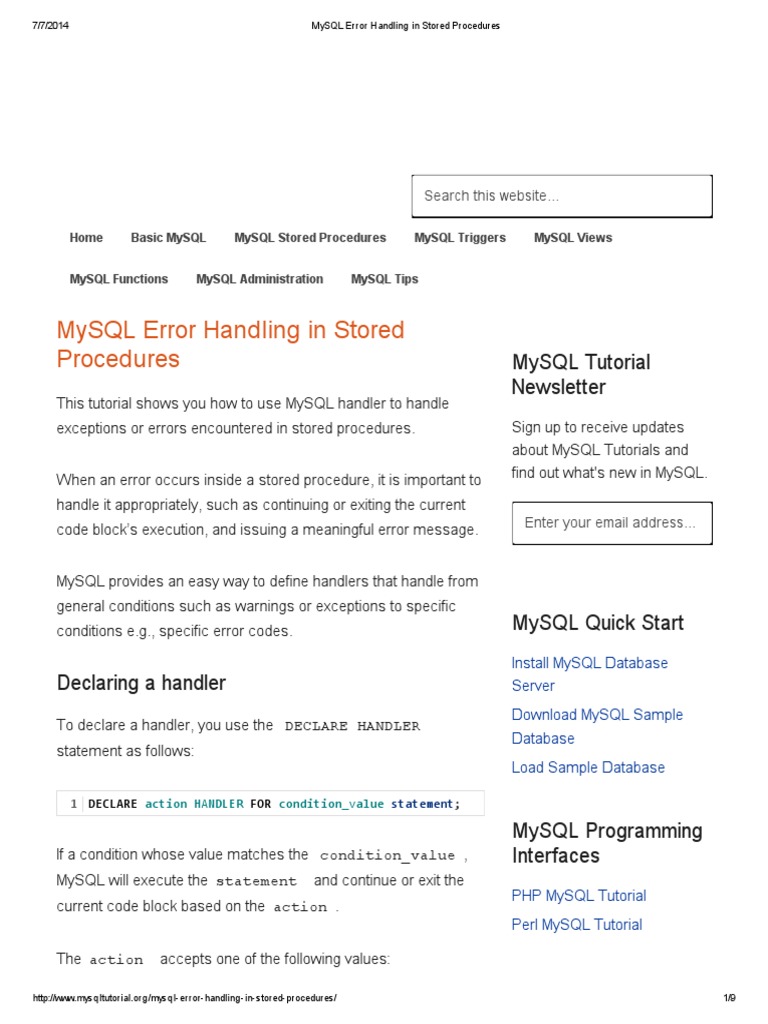 MySQL Error Handling in Stored Procedures | PDF | My Sql | Subroutine
