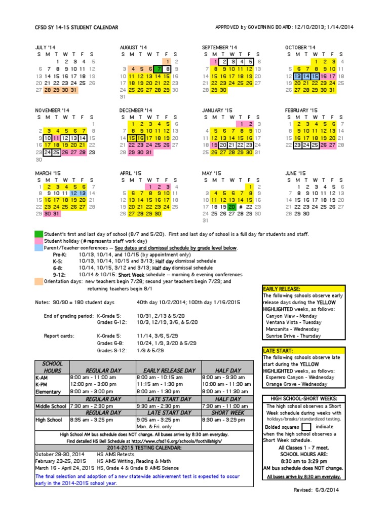 CFSD 2014-2015 Student Calendar | PDF | Schools | Students