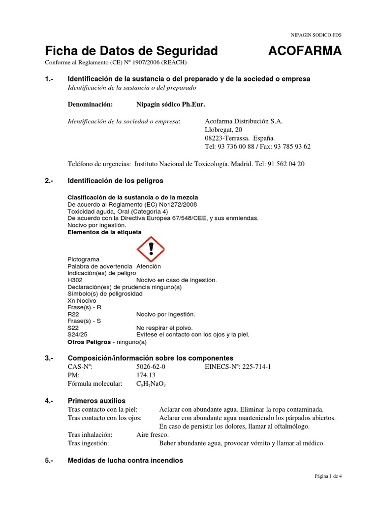 Ficha de Datos de Seguridad, Nipagin Sodico | PDF | Toxicidad | Residuos