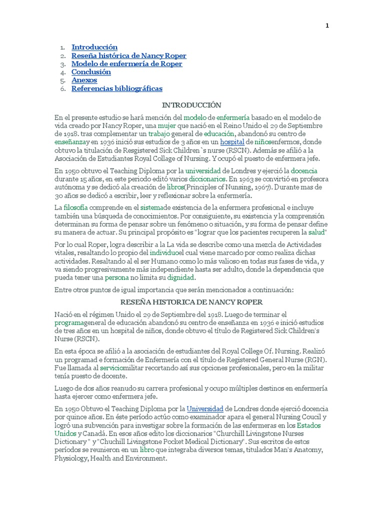 Nancy Roper | Teoría de modelos | Enfermería