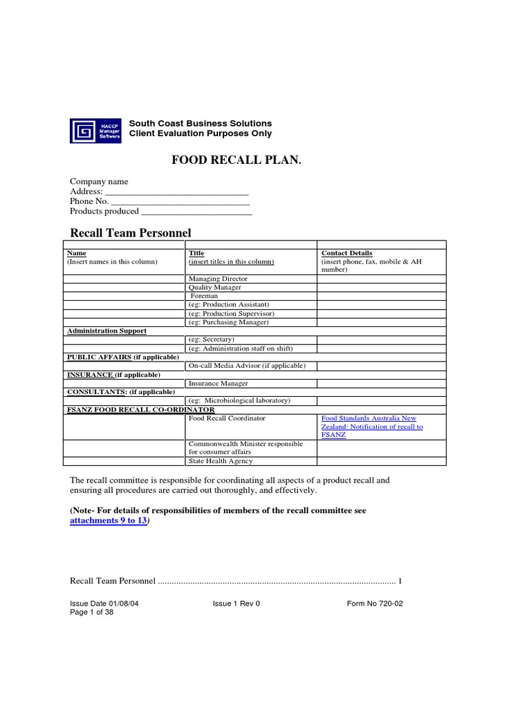 Food Recall Plan | PDF | Food Safety | Advertising