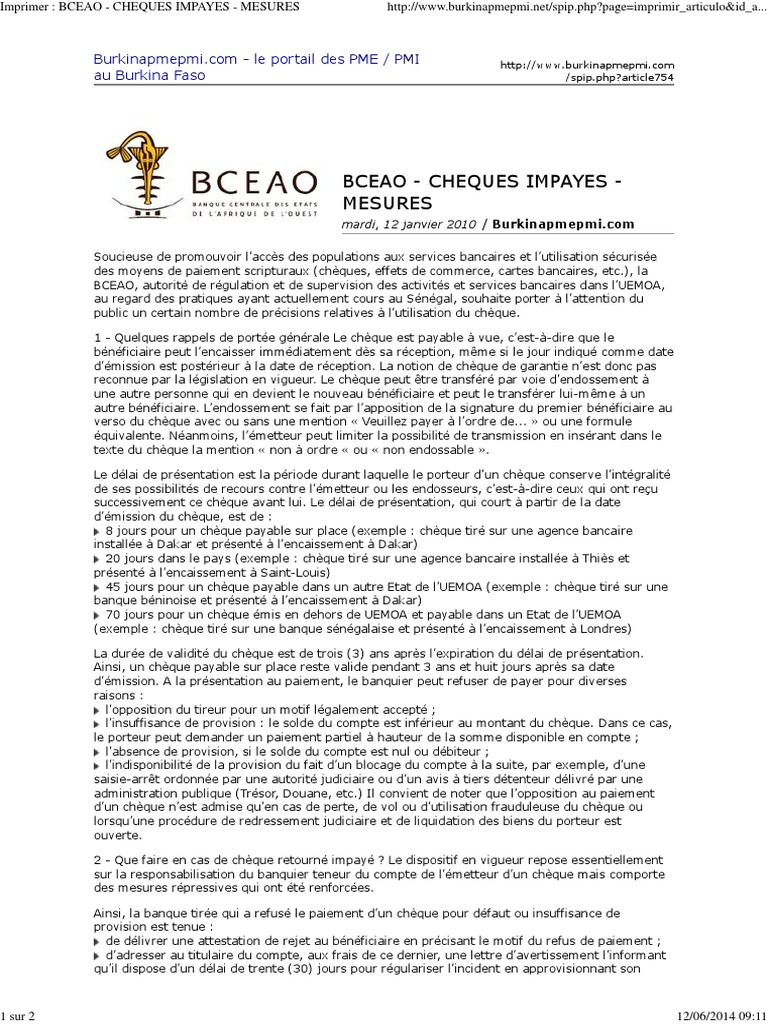 Chèques impayés : Règles et sanctions UEMOA | PDF | Chèque | Banques