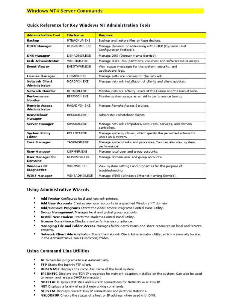 Windows NT4 Server Commands: Quick Reference For Key Windows NT Administration Tools | PDF ...