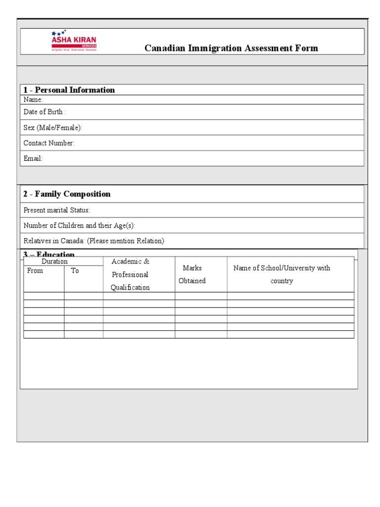 Canadian Immigration Assessment Form: 1 - Personal Information | PDF ...