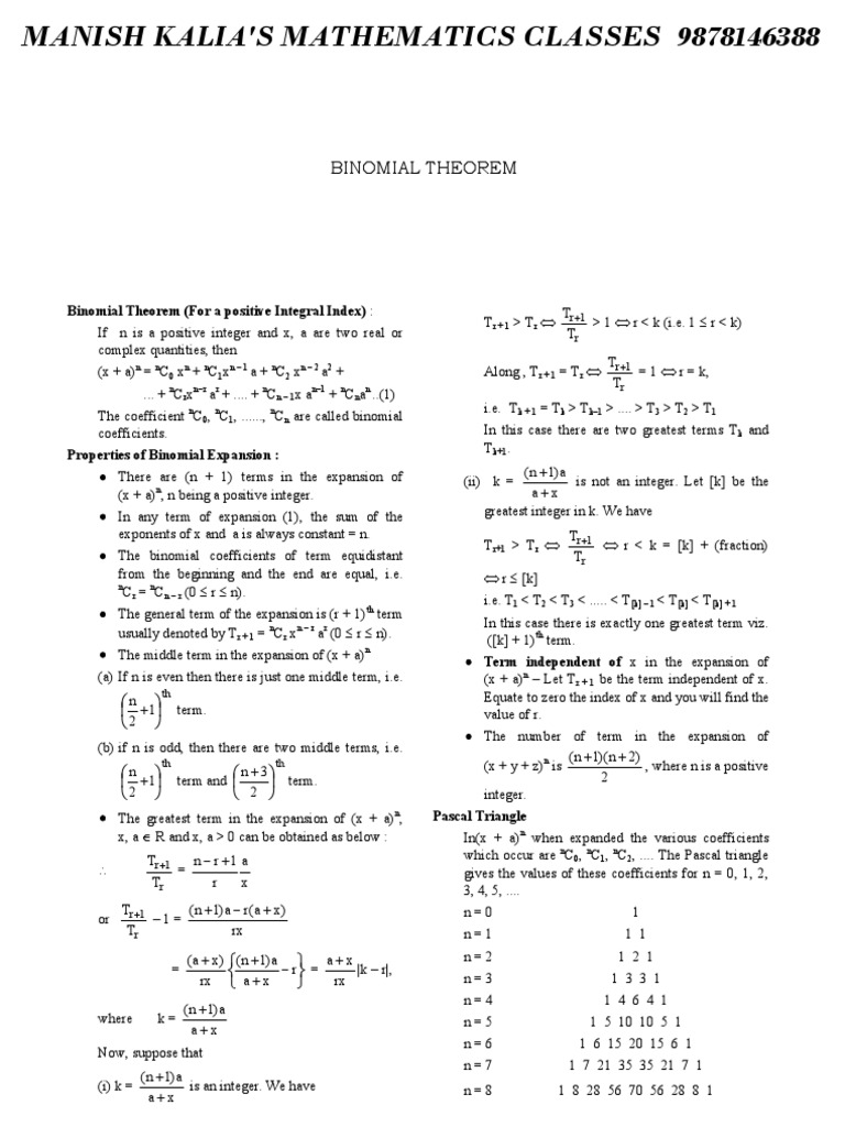 Binomial Theorem (For A Positive Integral Index) | PDF | Combinatorics | Abstract Algebra