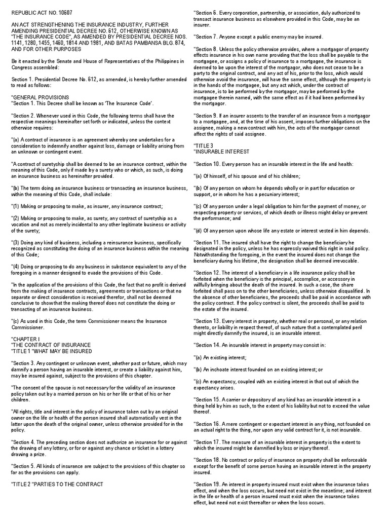 An Act Strengthening the Insurance Industry by Further Amending the ...