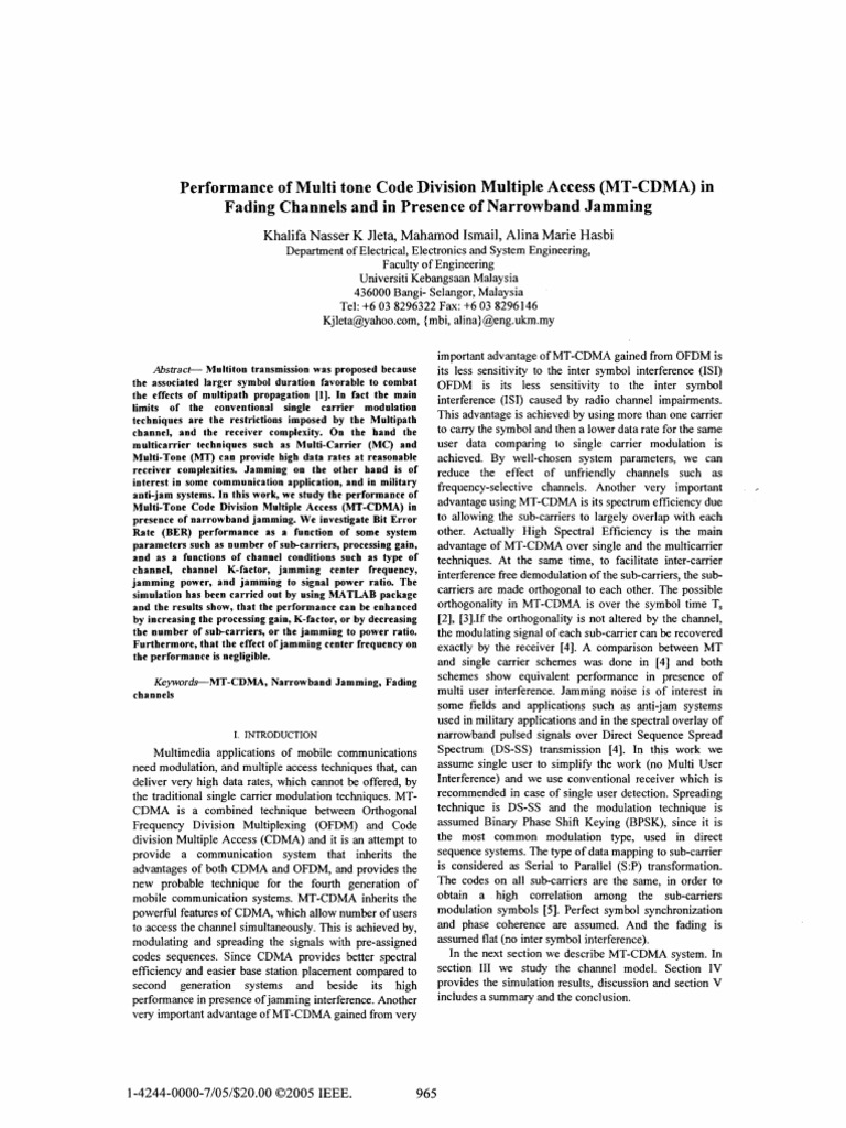 Performance of Multi Tone Code Division Multiple Access (MT-CDMA) in ...