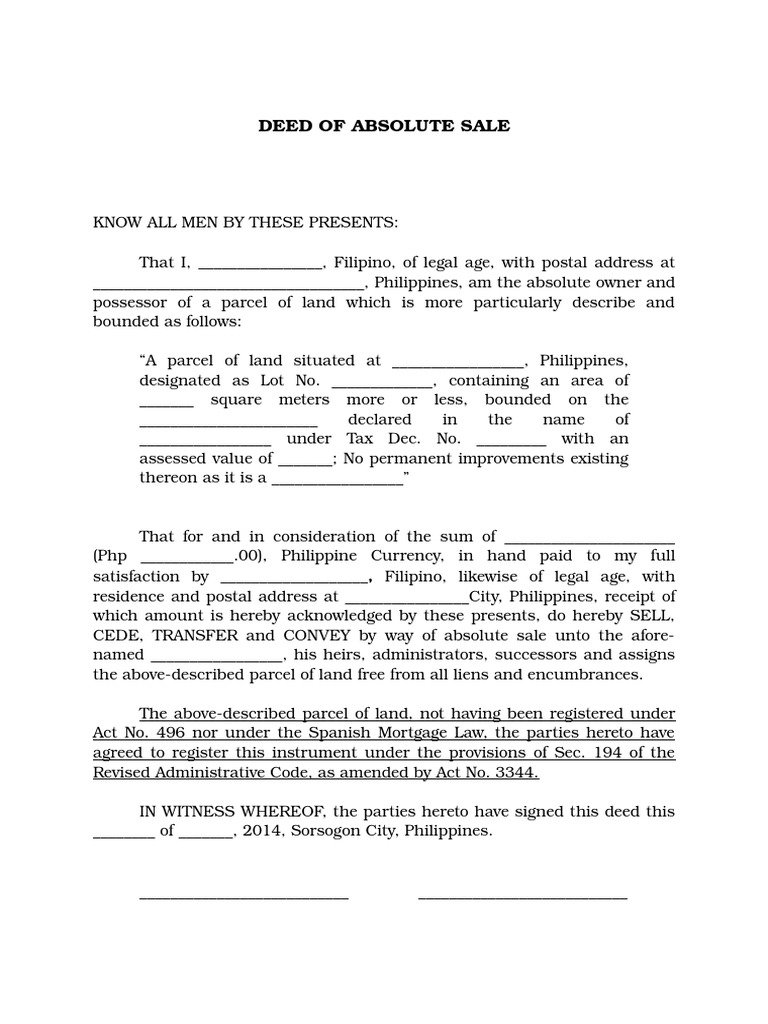 Deed of Absolute Sale | PDF | Land Lot | Philippines Deed of Absolute Sale | PDF | Land Lot | Philippines
