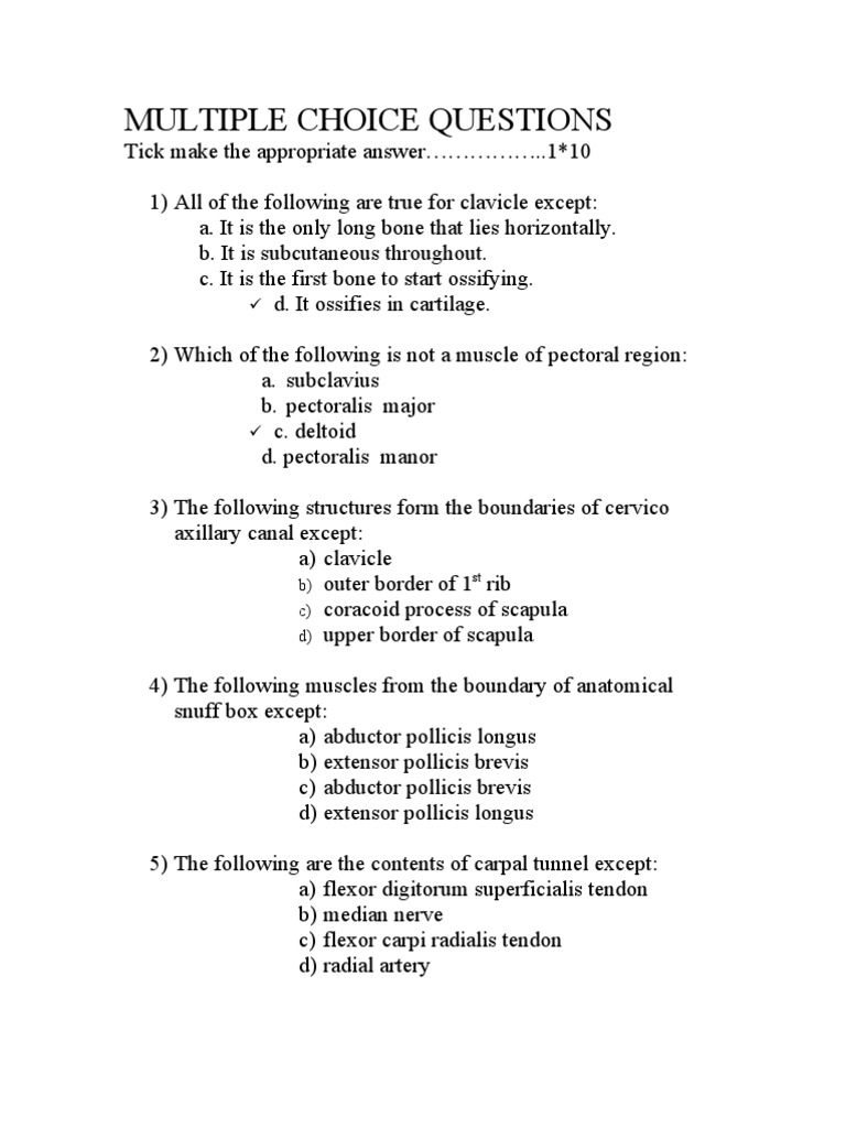 Multiple Choice Questions | PDF | Musculoskeletal System | Limbs (Anatomy)