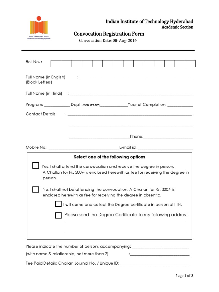 Convocation Registration Form: Indian Institute of Technology Hyderabad | PDF | Fee | Academia