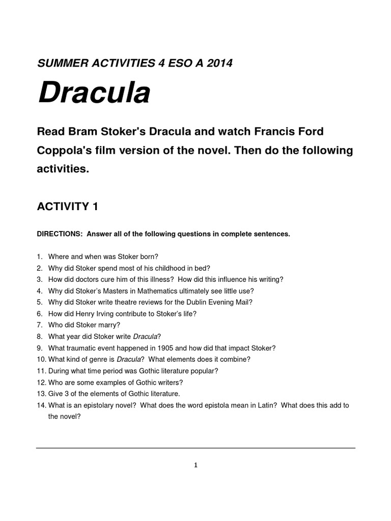 Dracula Summer Activities | PDF | Dracula | Bram Stoker