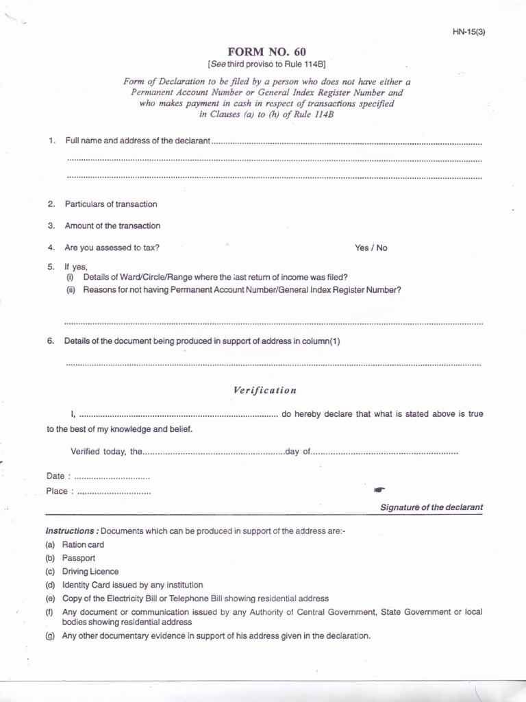 Form No. 60: (See Third Proviso To Rule 114B) | PDF