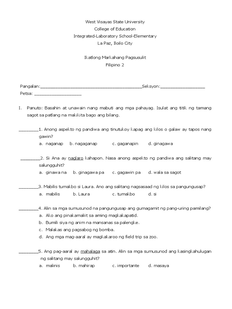 3rd Grading Exam Filipino | PDF