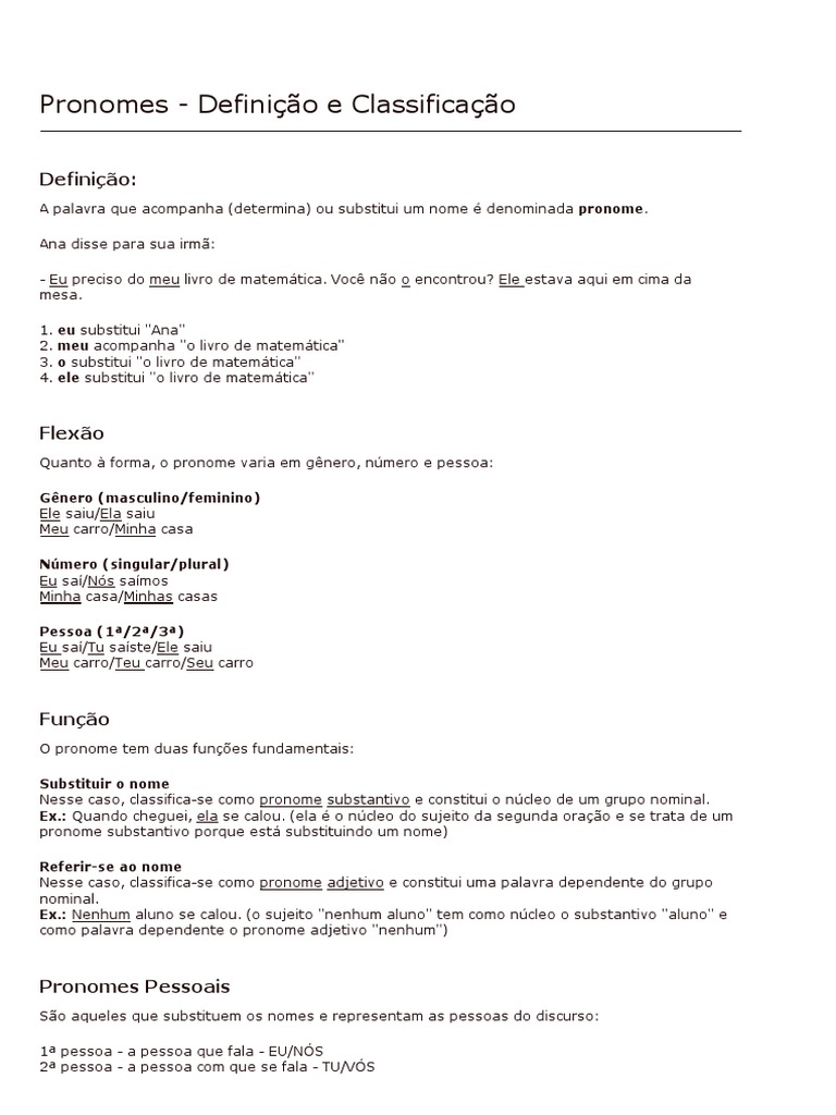 Pronomes - Definição e Classificação Dos Pronomes - Cola Da Web | PDF ...