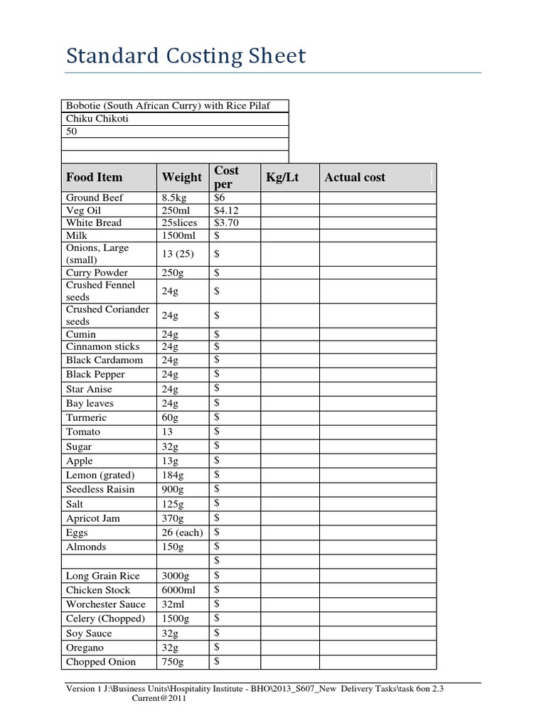 Blank Costing Sheet | PDF