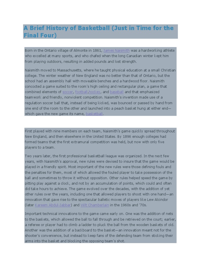 A Brief History of Basketball | PDF | Athletic Sports | Sports Rules ...
