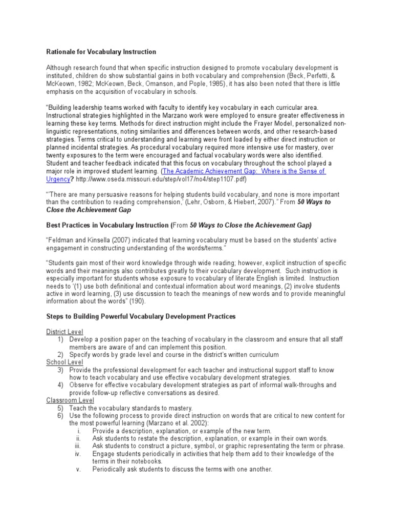 Vocabulary Rationale | PDF | Vocabulary | Reading Comprehension