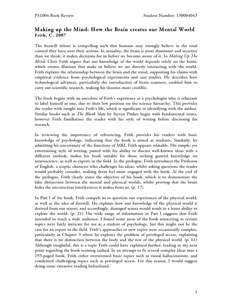 Book Review of Making Up The Mind by Chris Frith | PDF | Free Will | Mind