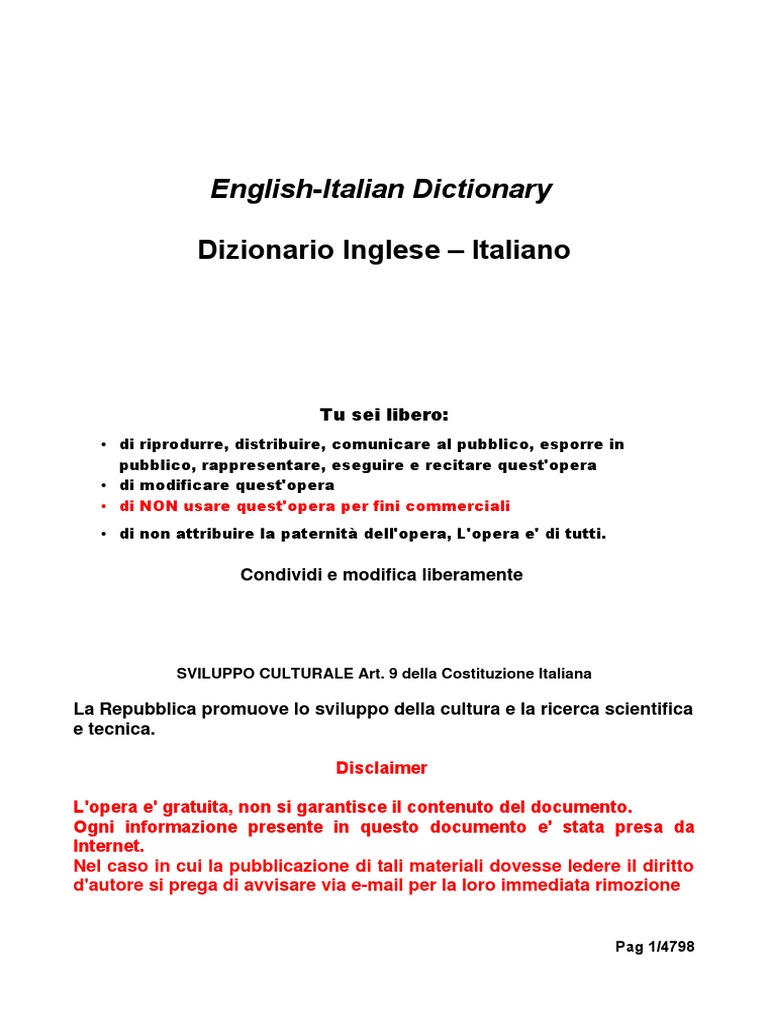 Dizionario Italiano Inglese Dictionary English Italian FREE | PDF
