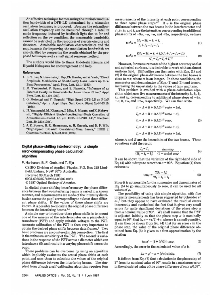 P. Hariharan, B. F. Oreb, and T. Eiju | PDF | Interferometry | Errors And Residuals