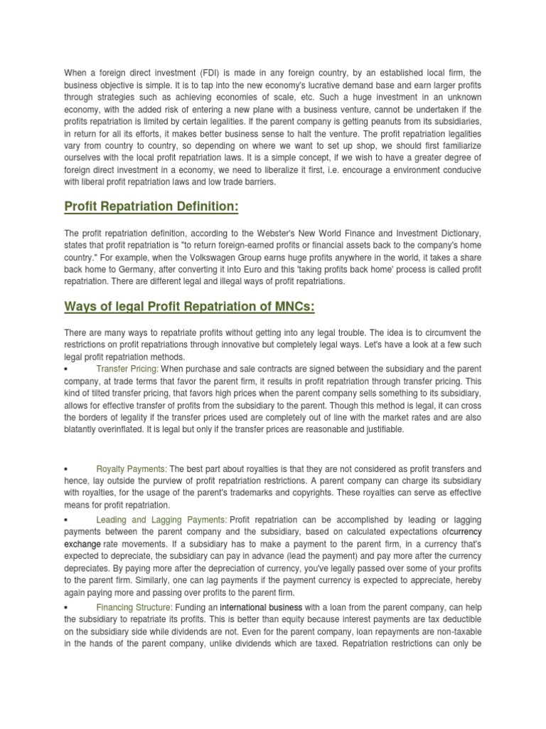 Profit Repatriation Definition:: Transfer Pricing | PDF | Foreign ...