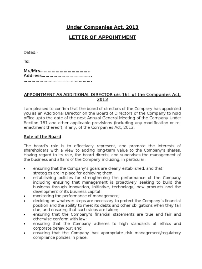 Letter of Appointment Director | PDF | Board Of Directors | Virtue