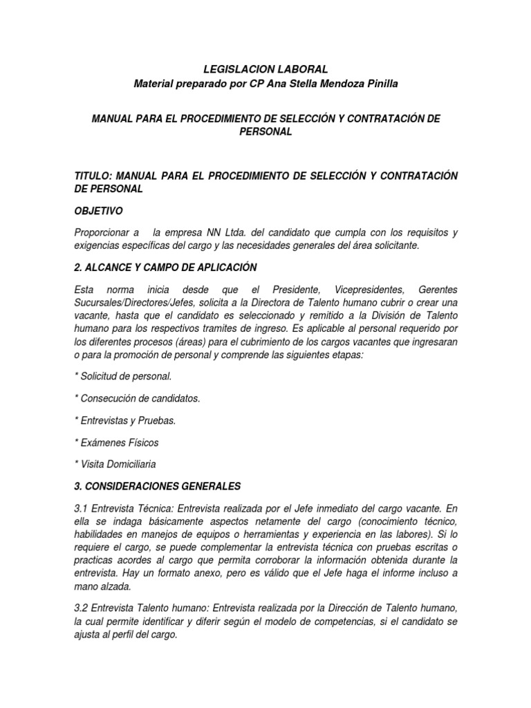 Manual para El Procedimiento de Seleccion y Contratacion de Personal PDF | PDF | Derecho laboral ...