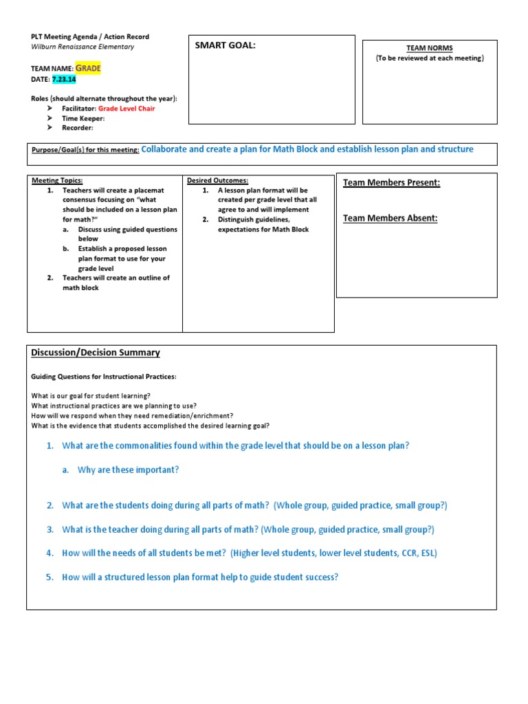 Math Block Planning Agenda for Teachers | PDF
