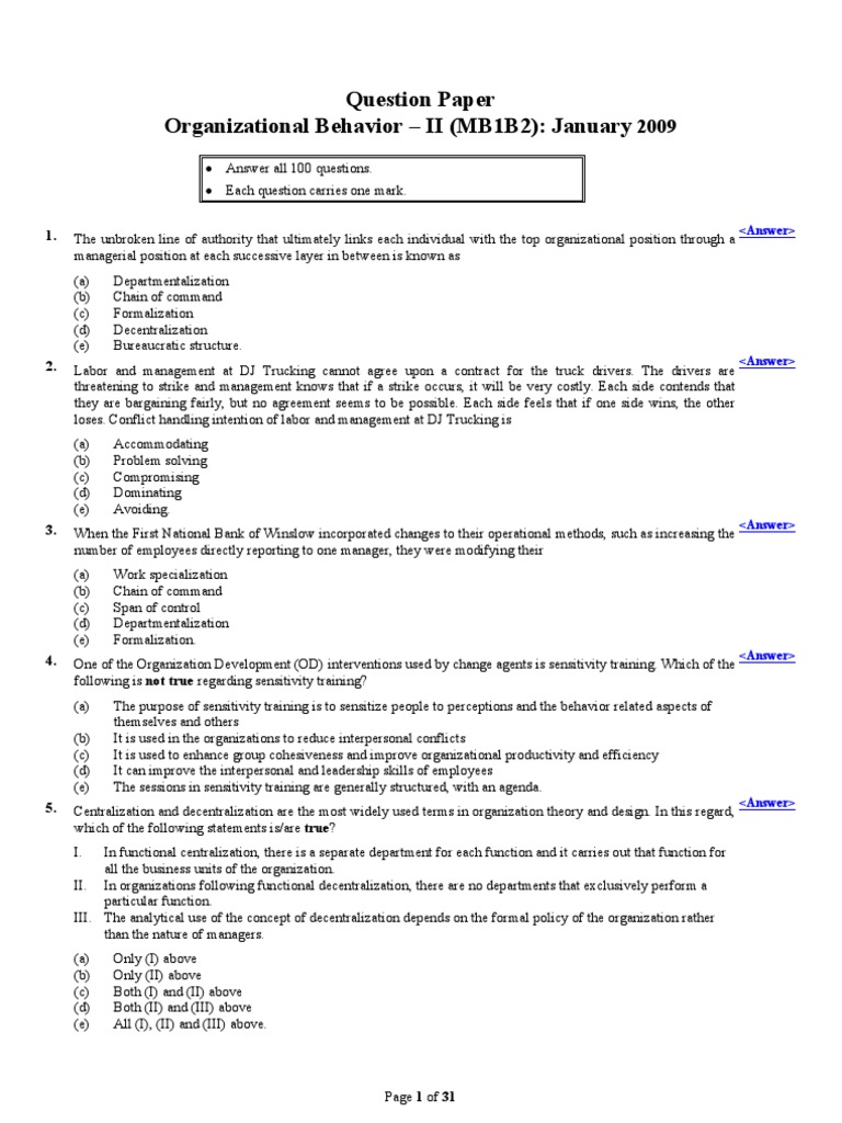 Organizational Behavior MCQs and Answers | PDF | Organization ...