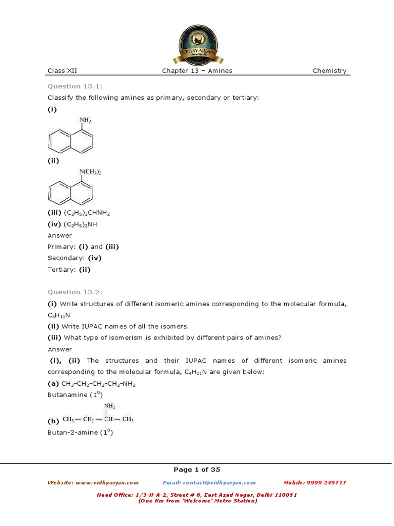 Chapter 13 Amines Ncert | PDF