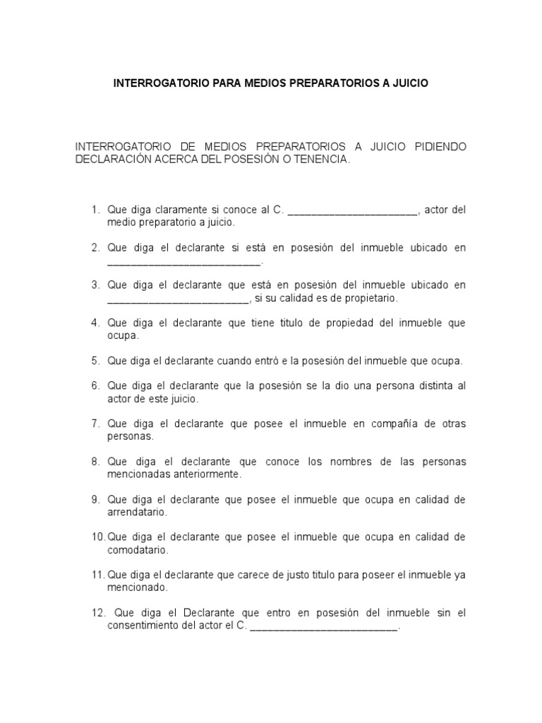 Interrogatorio Para Medios Preparatorios a Juicio
