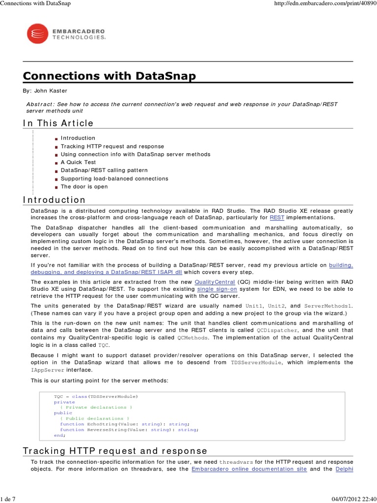 Connections With DataSnap | PDF | Hypertext Transfer Protocol | Load Balancing (Computing)
