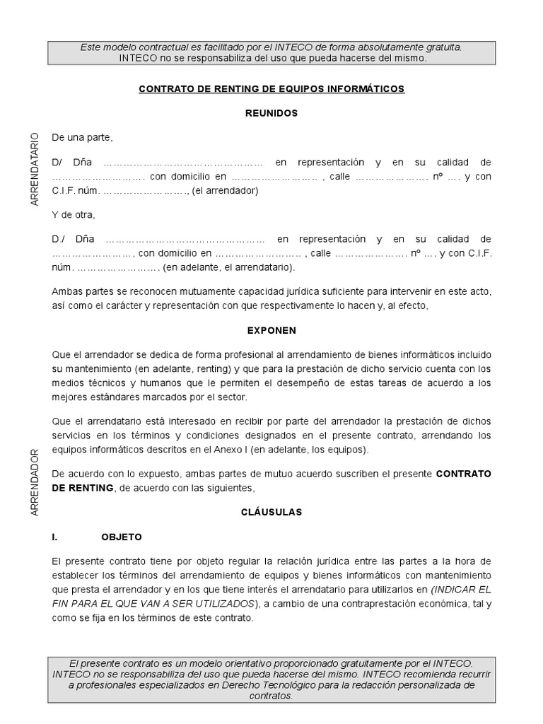 Modelo Contrato Renting Informatico | PDF | Alquiler | Ley común