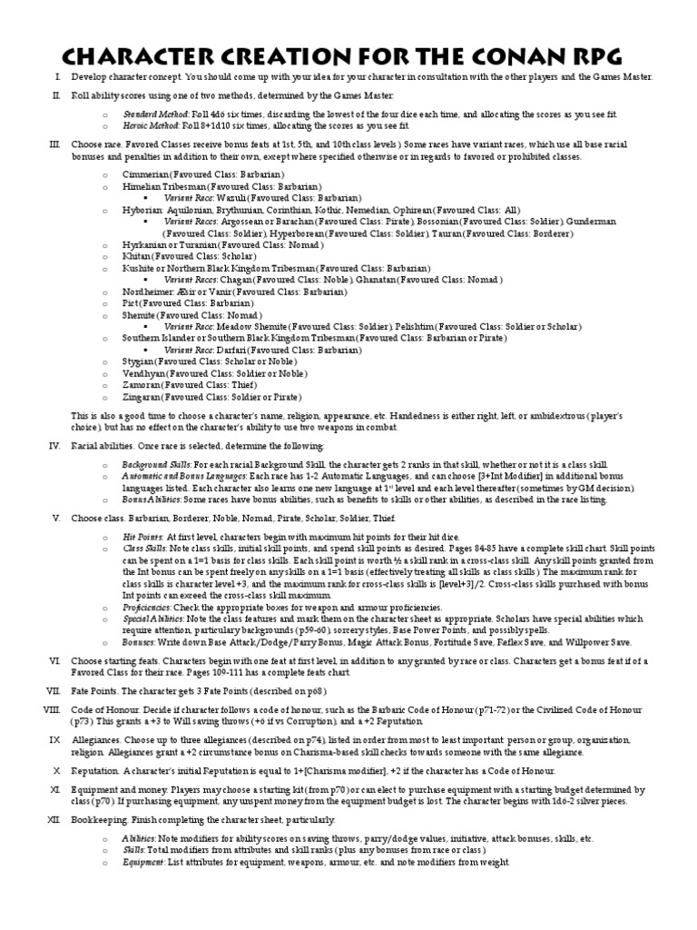 Conan Character Creation Sheet Gaming Role Playing Games 
