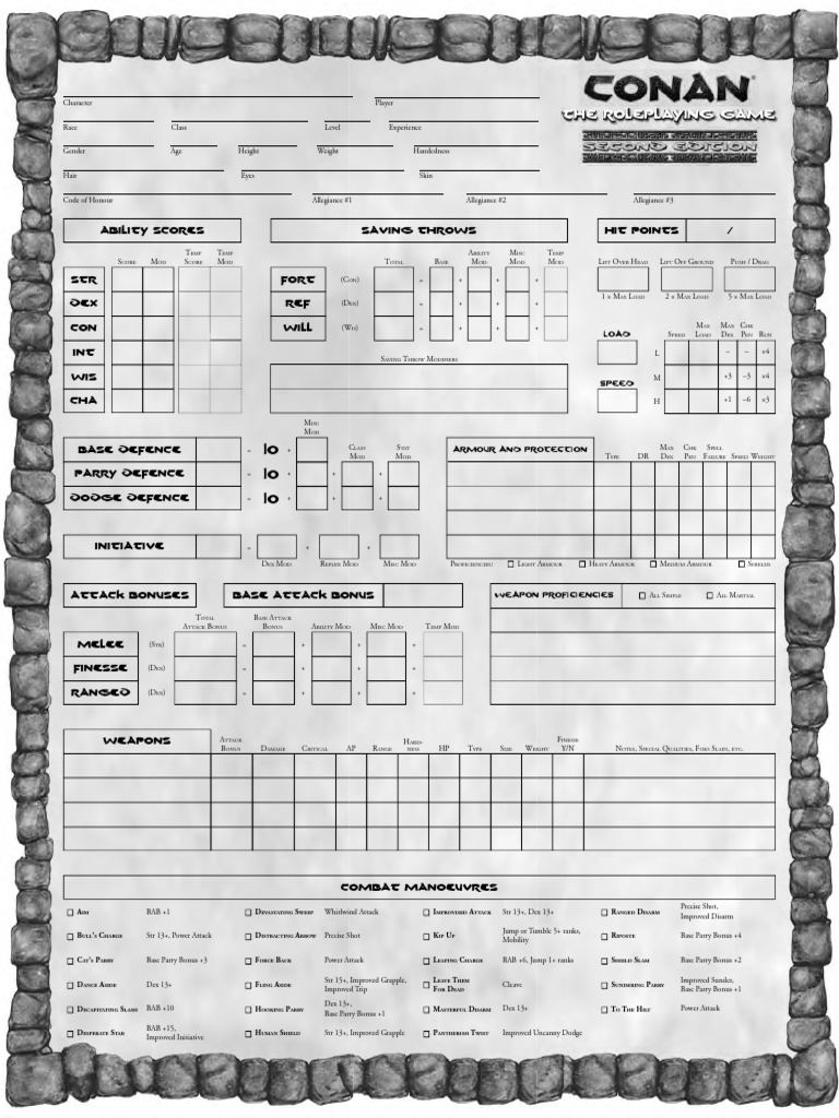 Conan - Character Sheet 2nd Edition (2 Page) | Leisure Activities ...