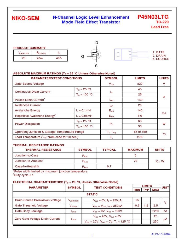 P45N03LTG Niko-Sem: N-Channel Logic Level Enhancement Mode Field Effect Transistor | PDF