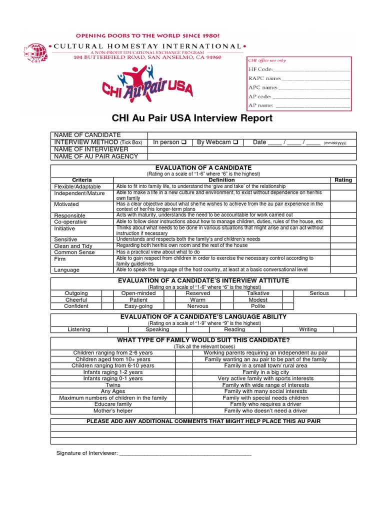 CHI Au Pair USA Interview Report | PDF | Interview | Evaluation