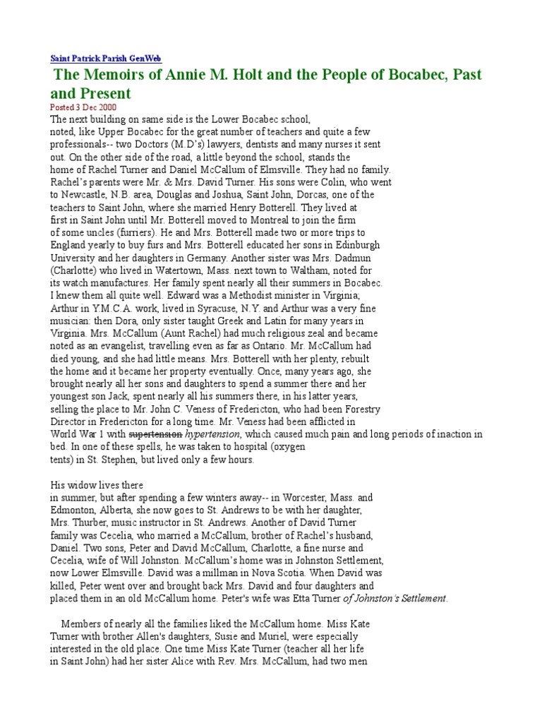 Annie Holt Memoir - Bocabec NB | PDF | Wellness | Medical