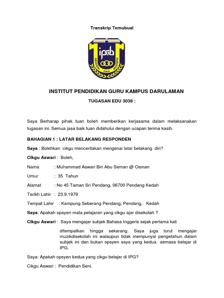 Transkrip Temu Bual 1 | PDF