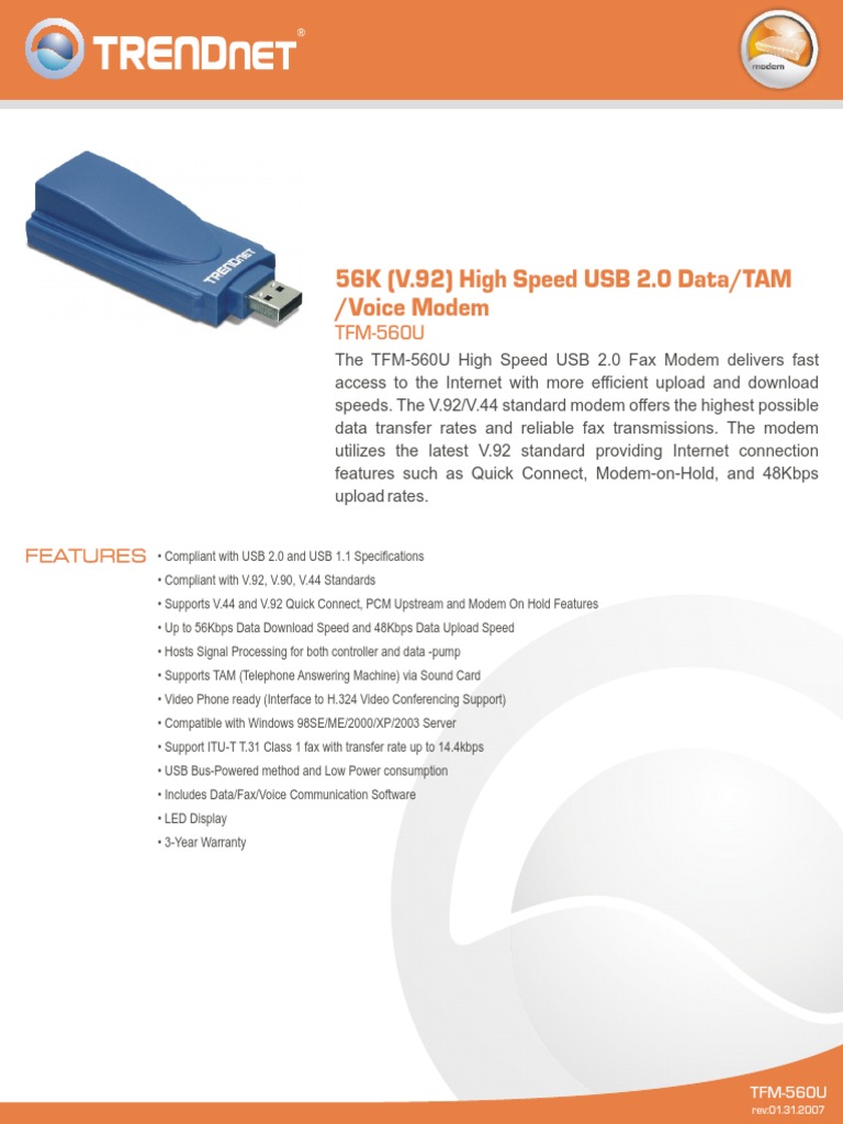 56K (V.92) High Speed USB 2.0 Data/TAM /voice Modem: TFM-560U | PDF ...