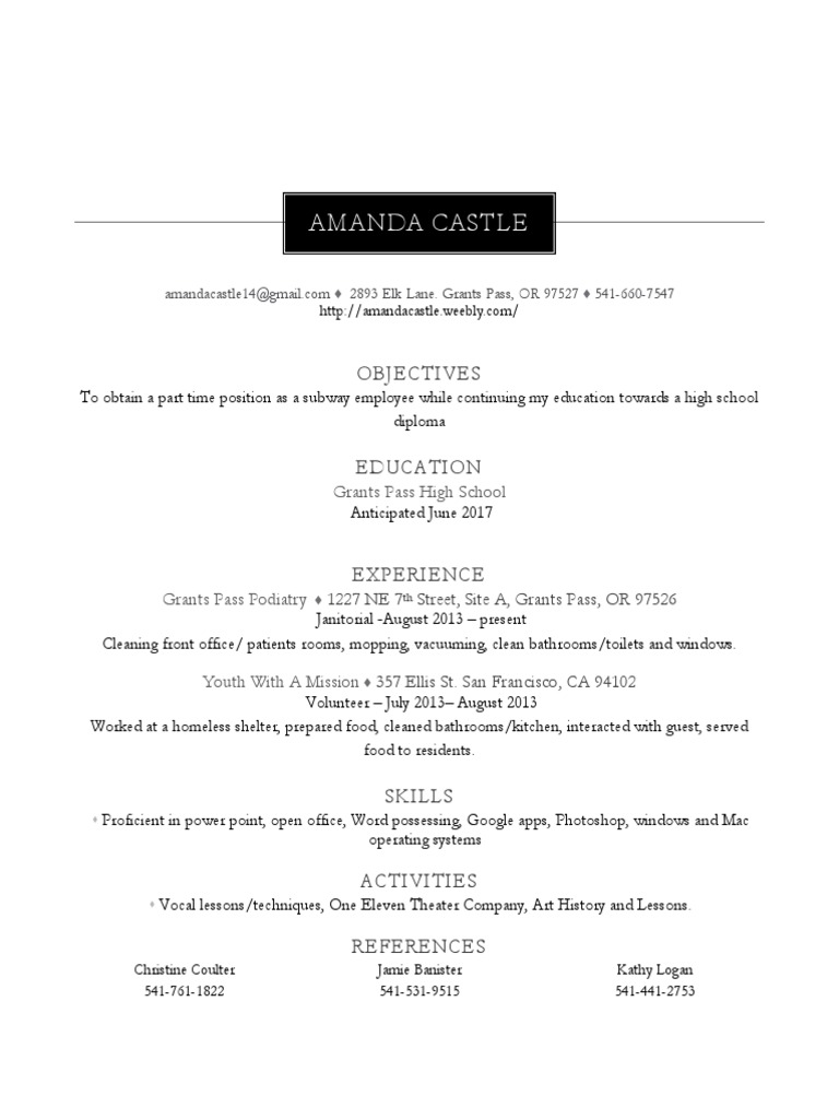 Amanda Castle's Resume for Subway Job | PDF