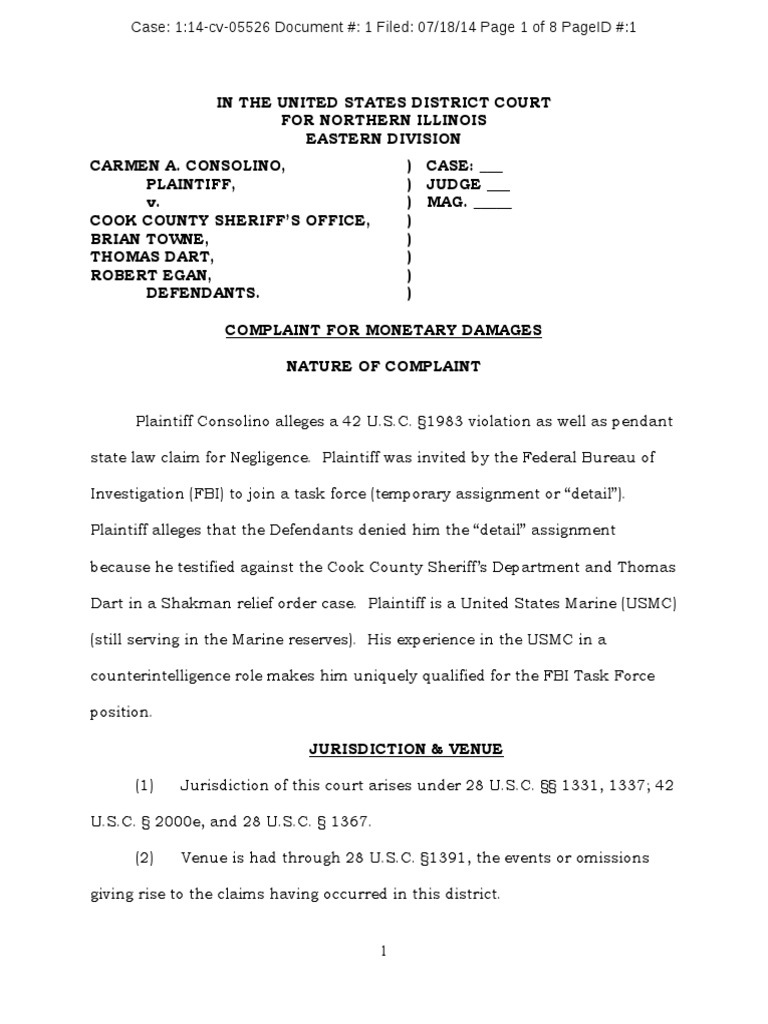 Cook County Sheriff Tom Dart Sued by Carmen Consolino | PDF | Federal ...