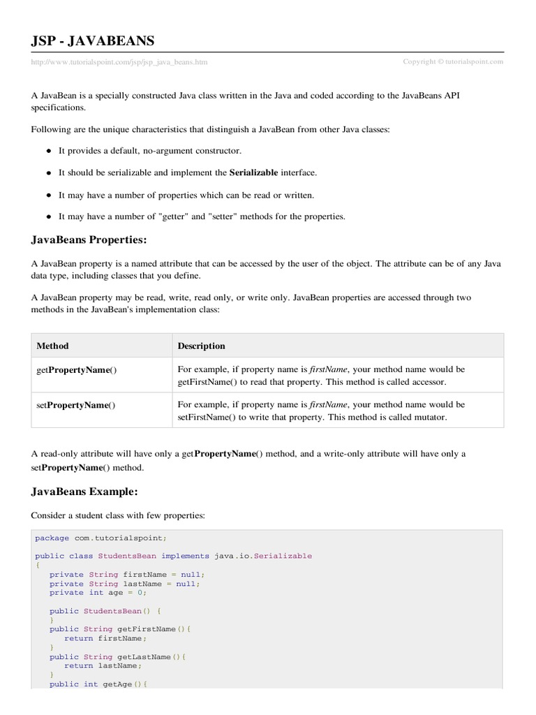 JSP Java Beans | PDF | Method (Computer Programming) | Java ... JSP Java Beans | PDF | Method (Computer Programming) | Java ...