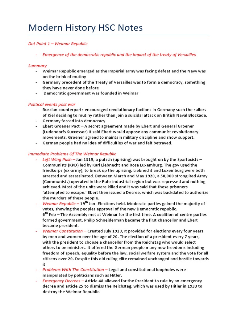Modern History HSC Notes | PDF | Weimar Republic | Government Of Germany